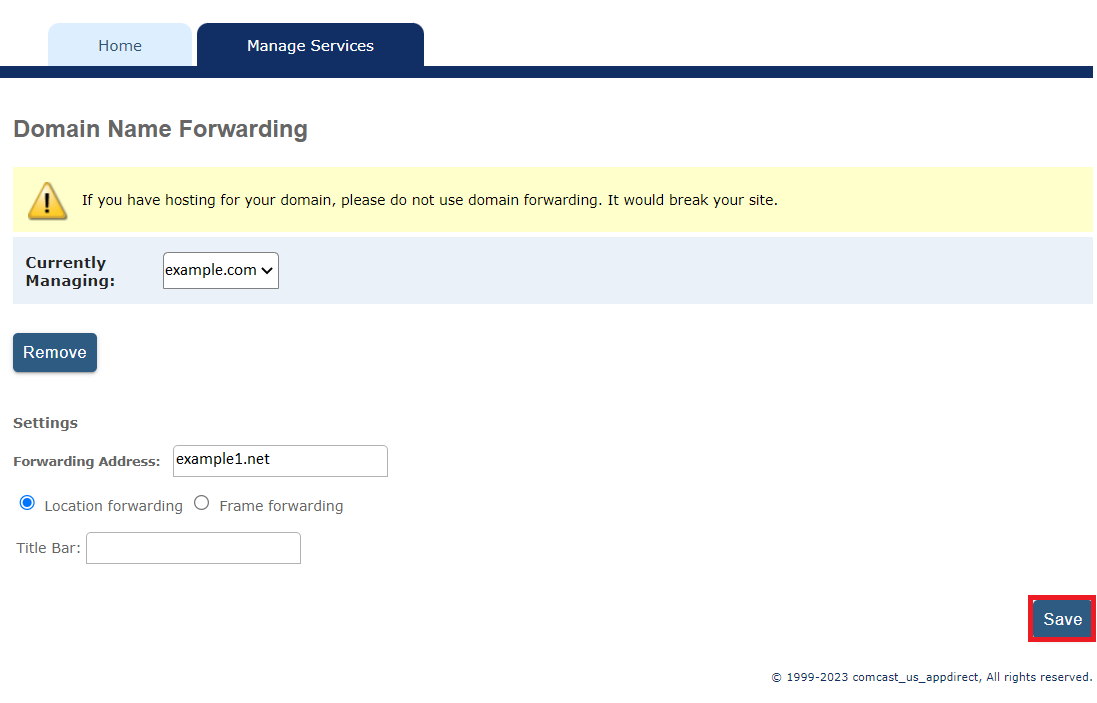 Domain Forwarding – Comcast Web Hosting